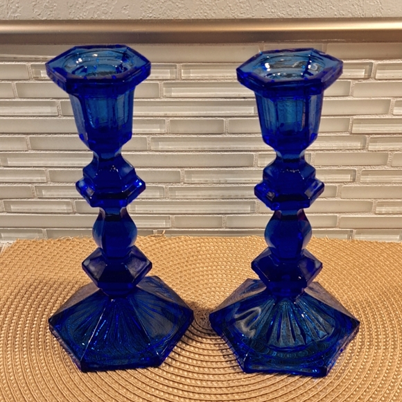Accents | Vintage Pair Of Cobalt Blue Glass Candle Sticks 6 Sided Base ...